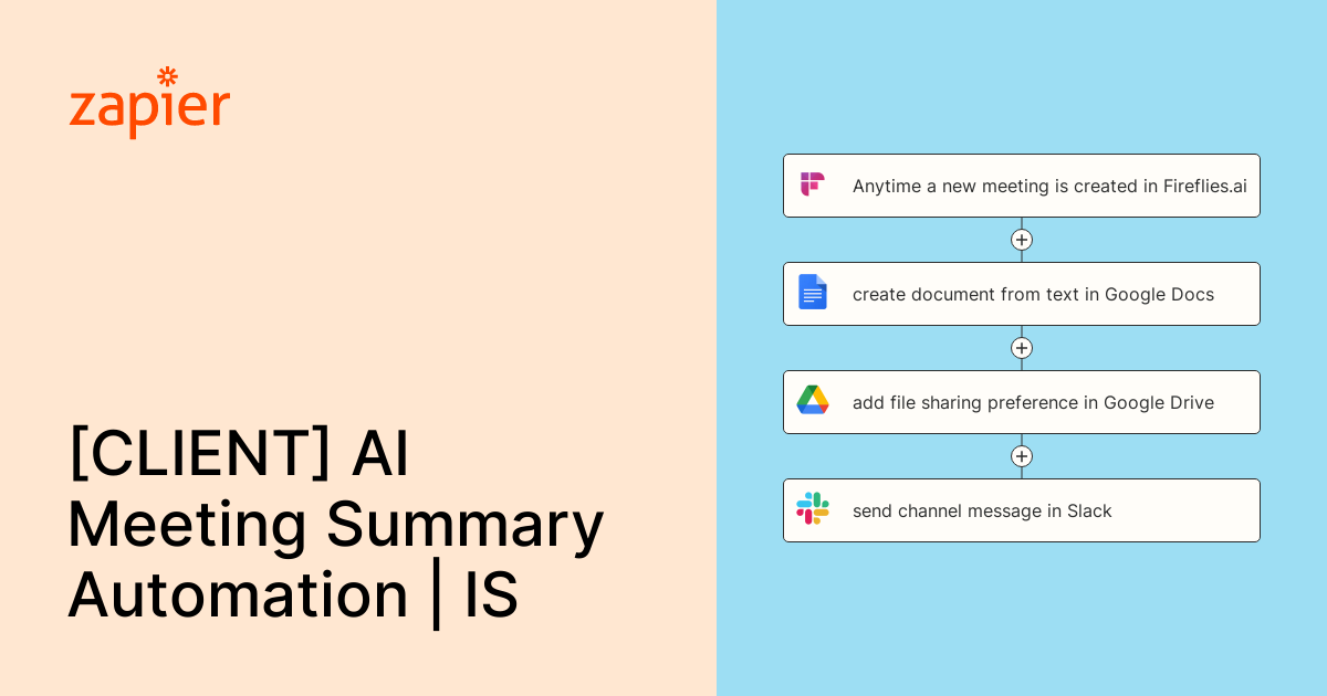 Anytime a new meeting is created in Fireflies.ai, create document from text in Google Docs, add ...