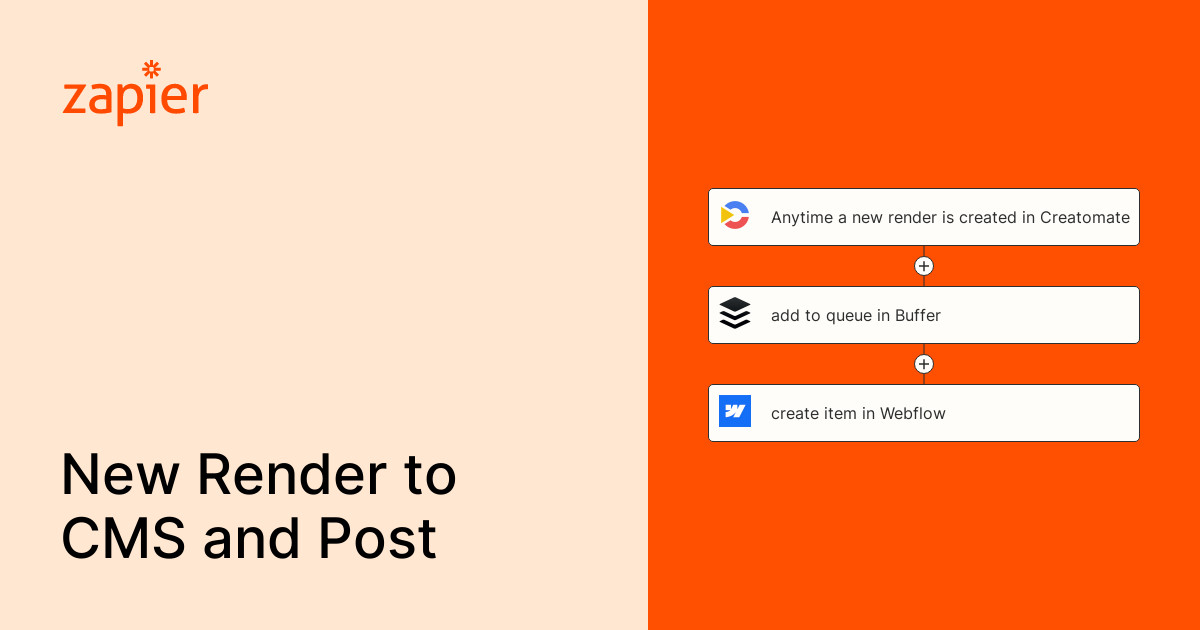 Anytime a new render is created in Creatomate, add to queue in Buffer and create item in Webflow ...