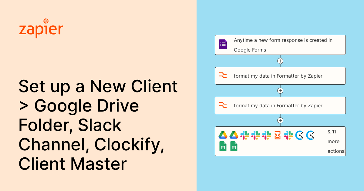 Set up a New Client > Google Drive Folder, Slack Channel, Clockify, Client Master | Zapier
