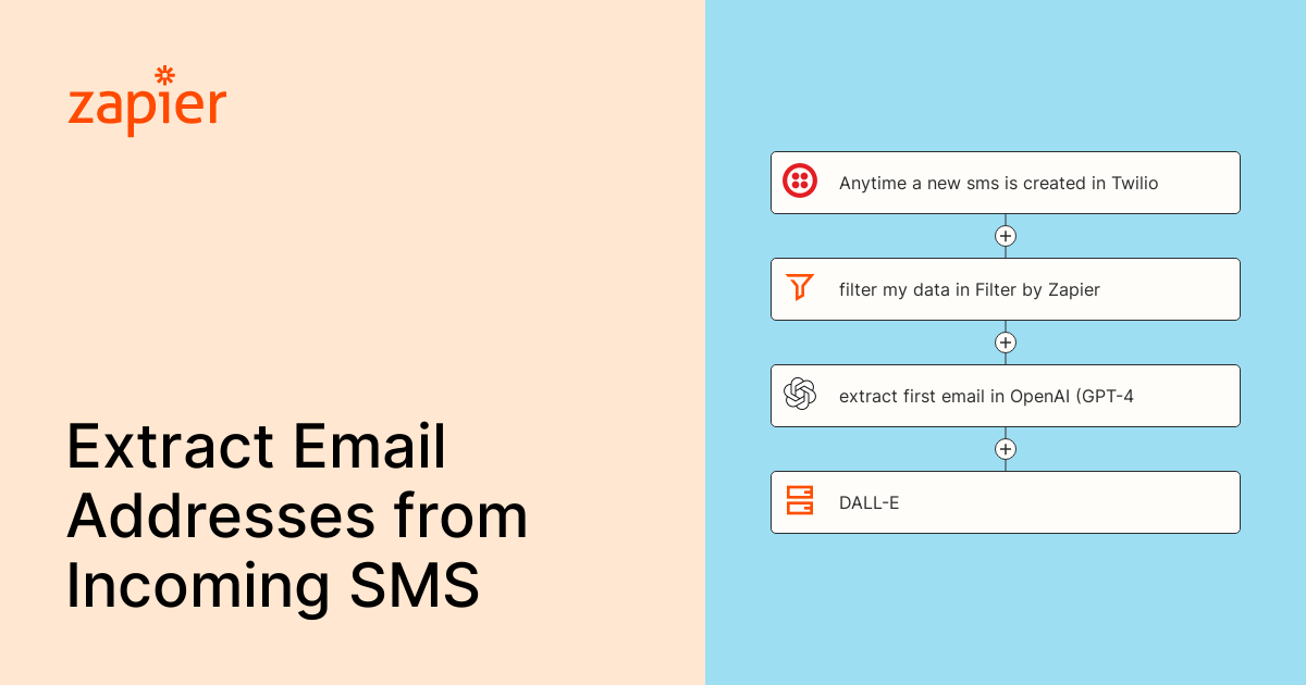 Anytime a new sms is created in Twilio, filter my data in Filter by Zapier, extract first email ...