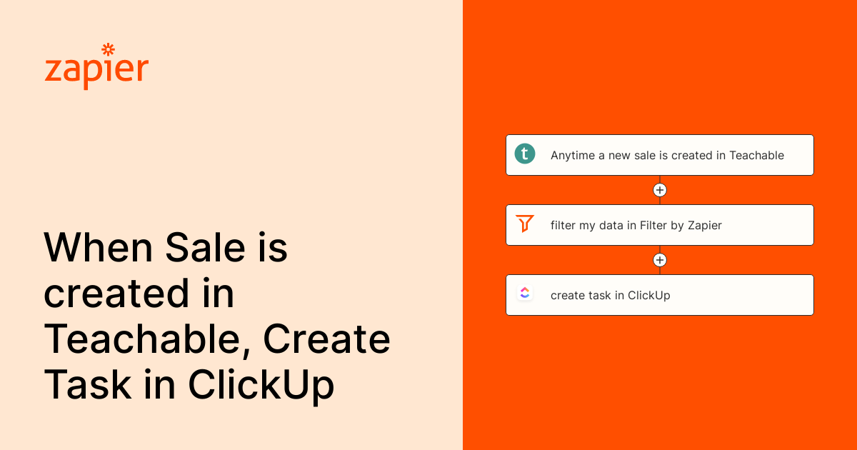 Anytime a new sale is created in Teachable, filter my data in Filter by Zapier and create task ...